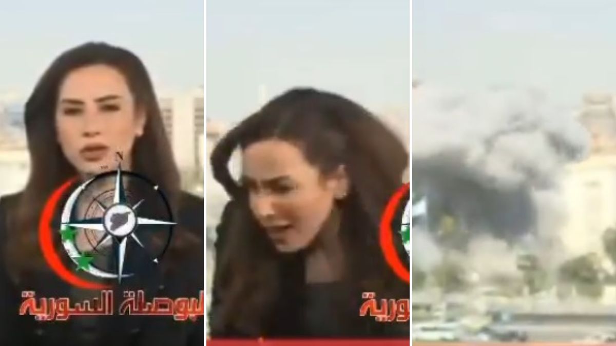 Watch Syrian TV host fleeing studio in panic after Israeli airstrikes obliterate building behind ...